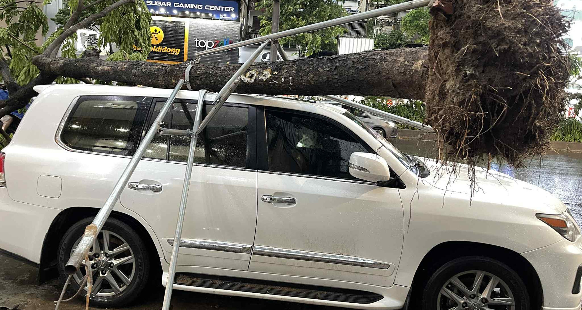 Mưa giông bất ngờ ở Hà Nội: Tôn bay, kính vỡ, người đi xe máy bị hất văng